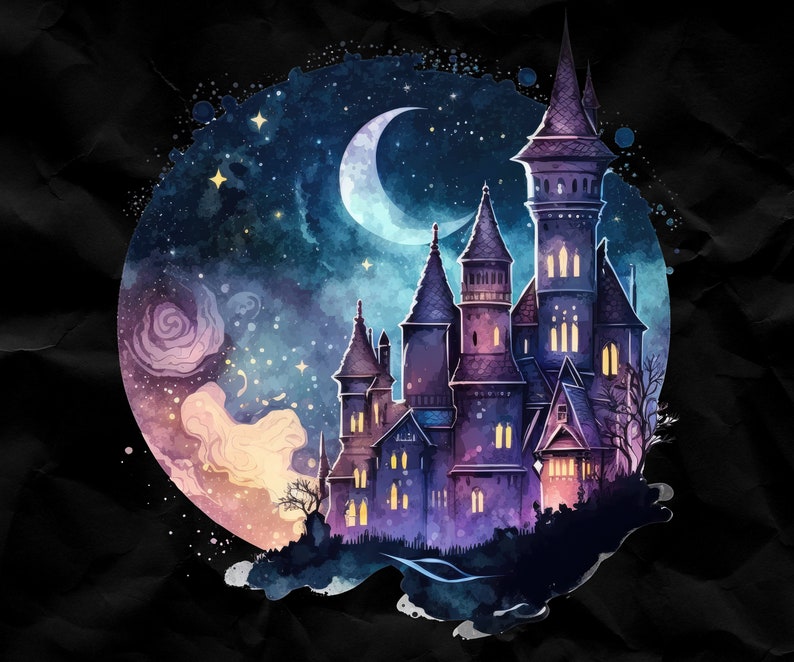 Watercolor Starry Castle Clipart Bundle, 5 Pngs, 300 DPI, Magical ...