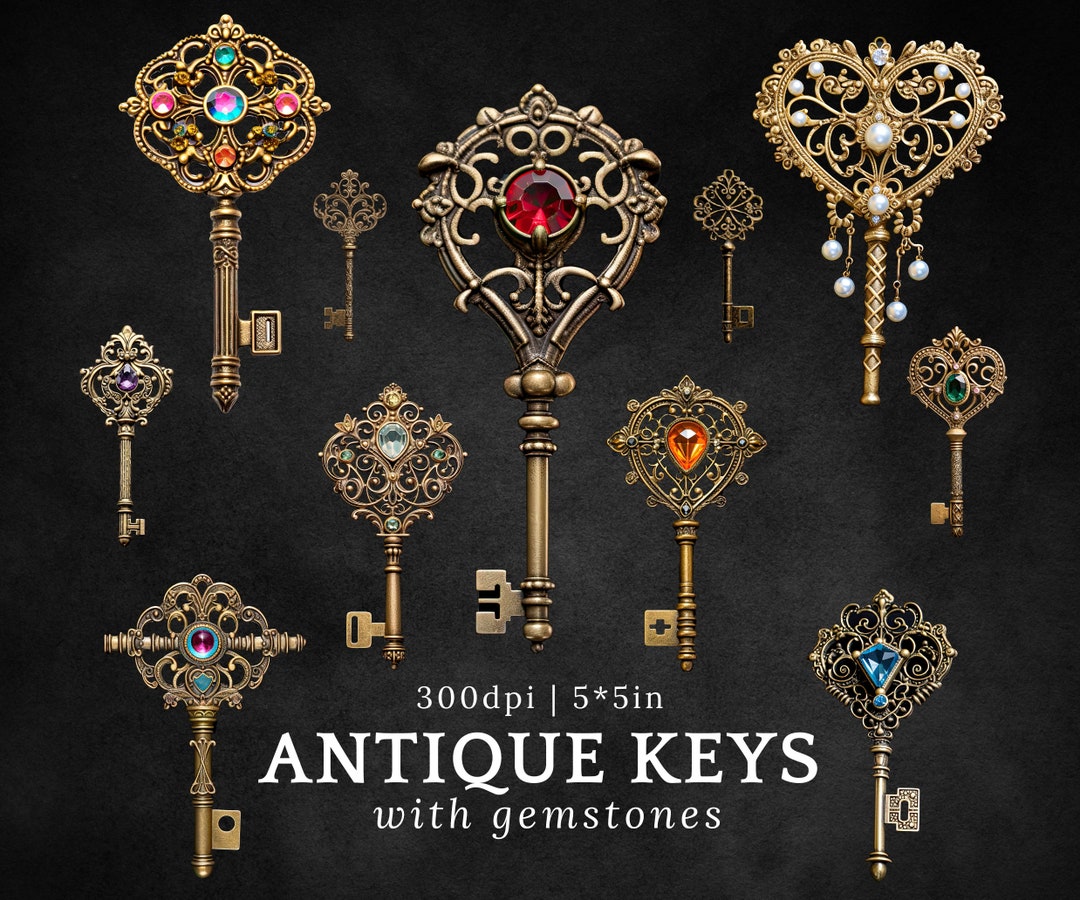 Metal Key Clipart, Vintage Victorian Engraved Metal Key With Gemstone ...