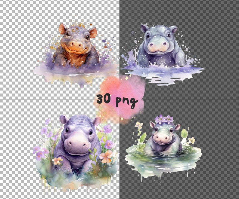 Chubby Hippos Watercolor Clipart Cute Kawaii Cartoon Hippos, Baby ...