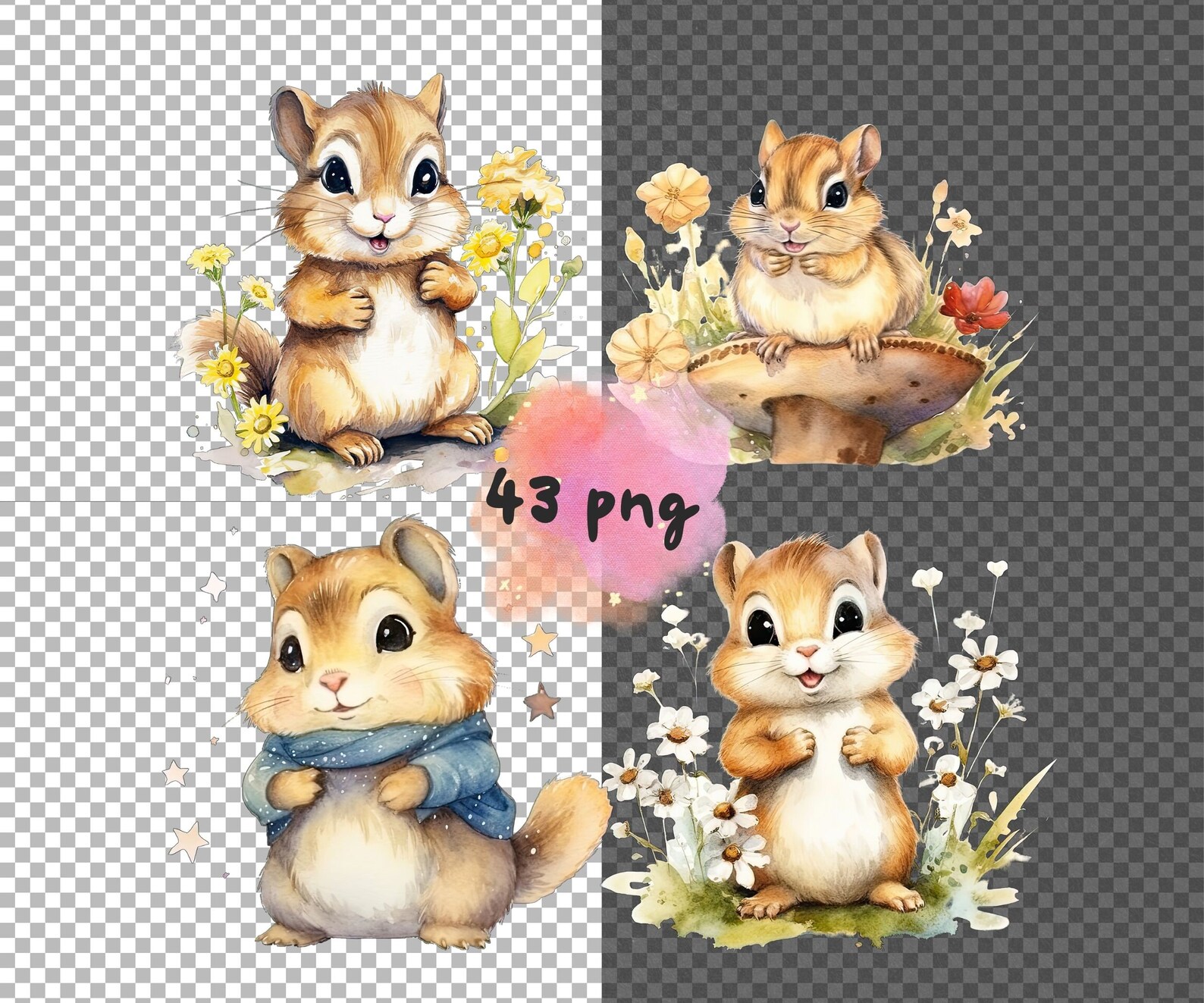 Chubby Chipmunk Watercolor Clipart - Cute Kawaii Cartoon Chipmunks ...