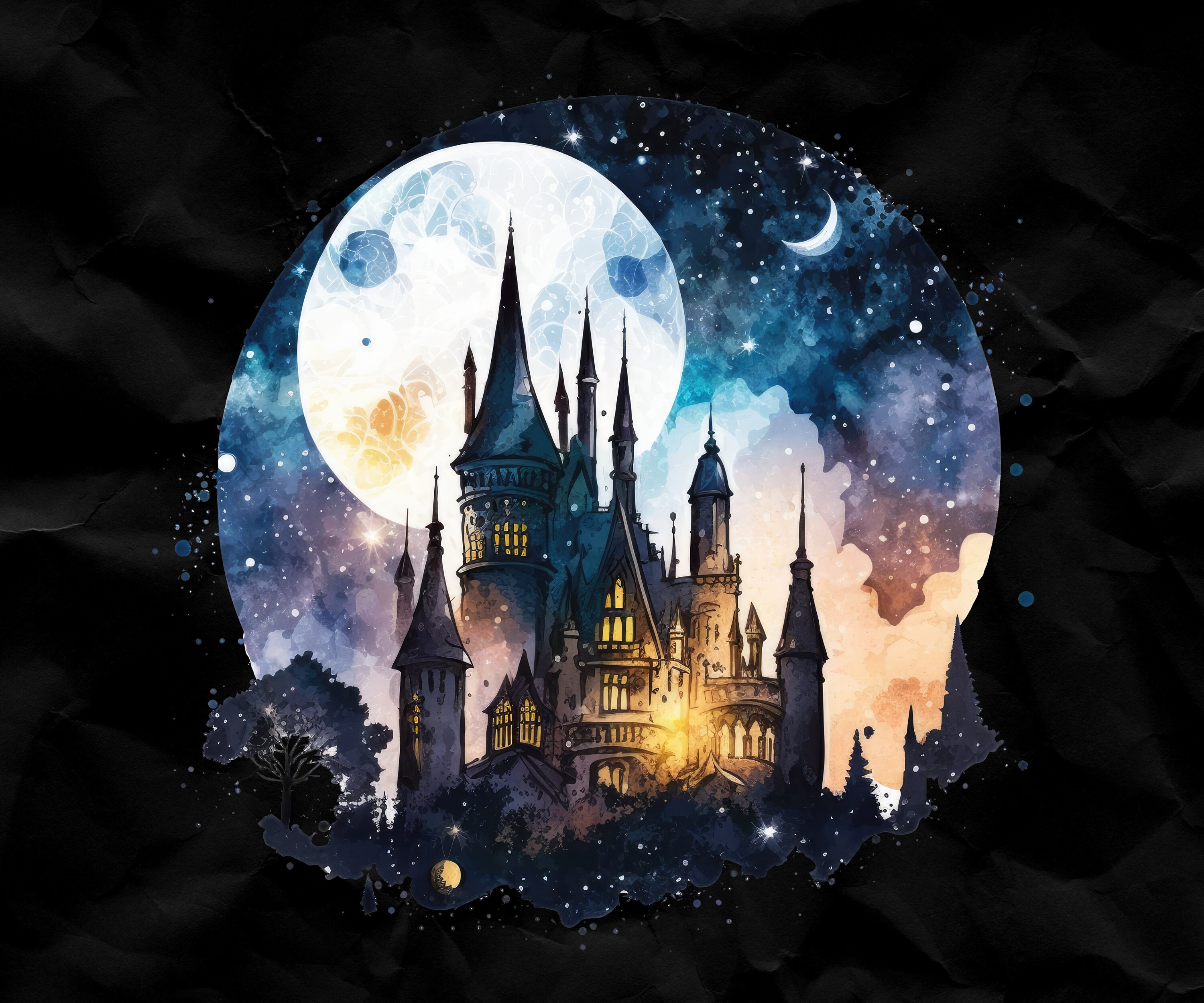 Watercolor Starry Castle Clipart Bundle, 5 Pngs, 300 DPI, Magical ...