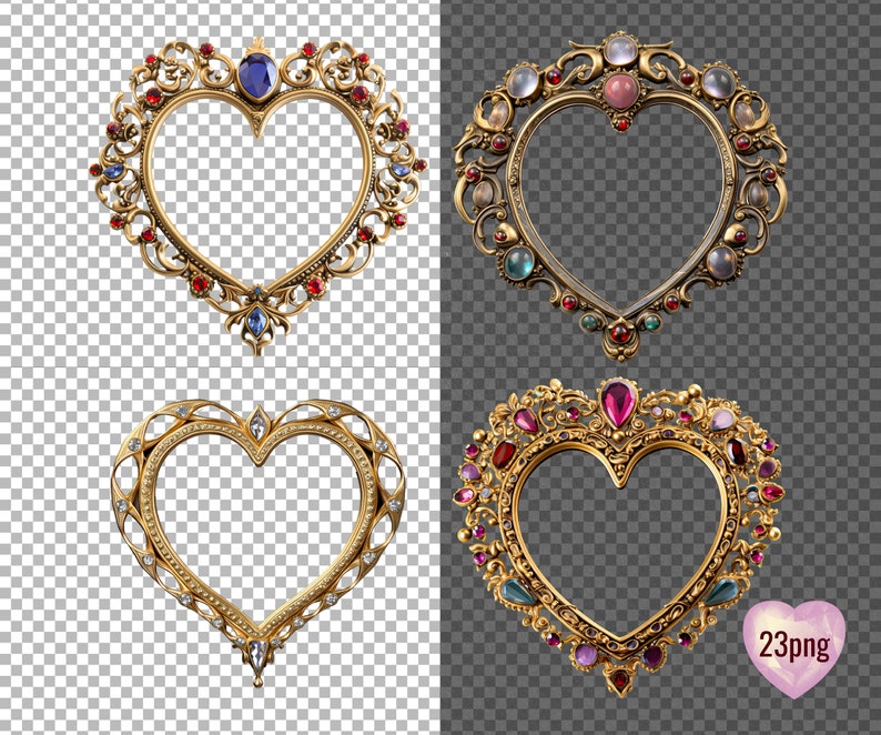 Metal Frame Clipart, Heart Shaped Victorian Frames With Gemstones Png ...