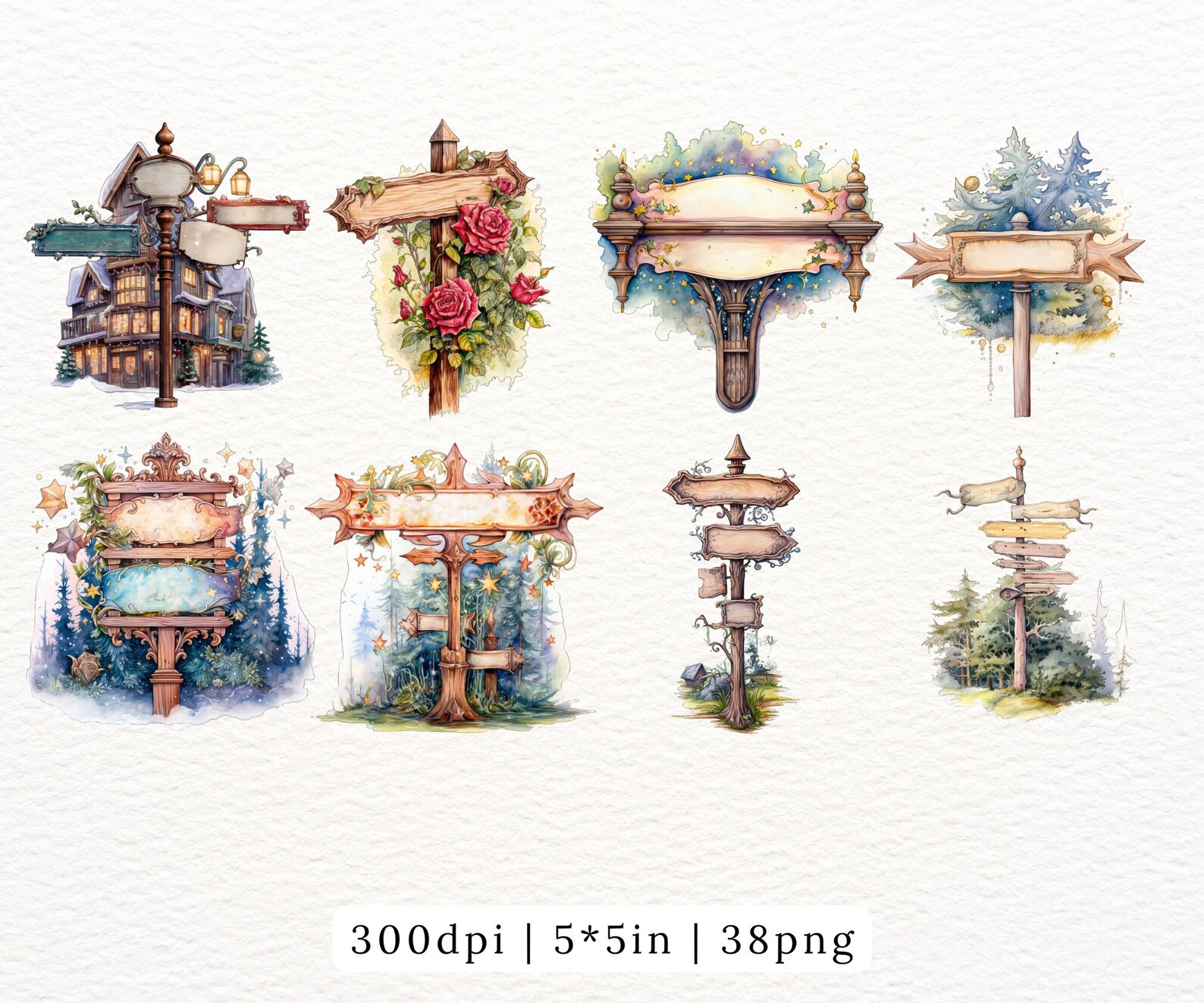 Watercolor Wooden Sign Clipart, Vintage Forest Magical Road Signs With ...