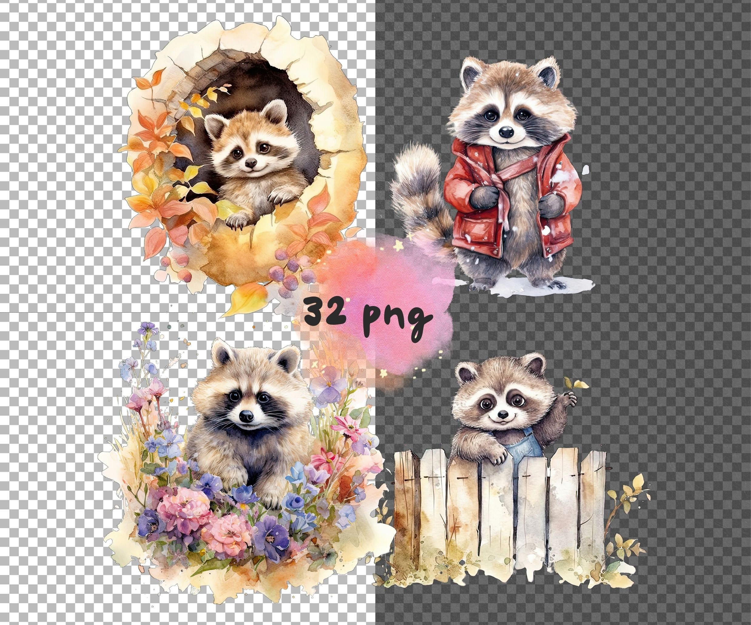 Chubby Raccoon Watercolor Clipart Cute Kawaii Cartoon Raccoons, Baby ...