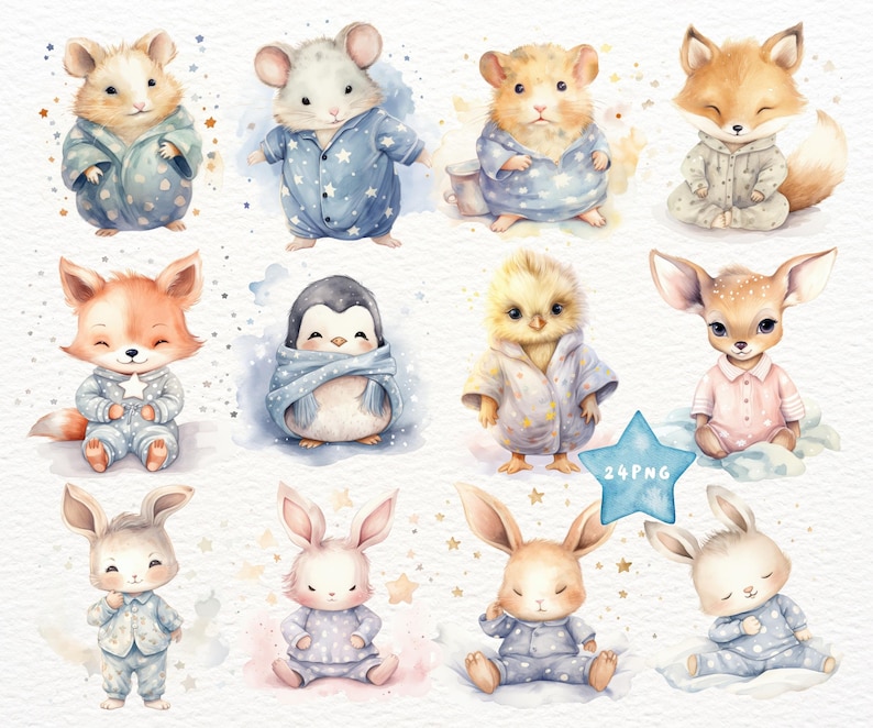 Watercolor Baby Animals in Pajamas Clipart, Chubby Cute Animal Png ...