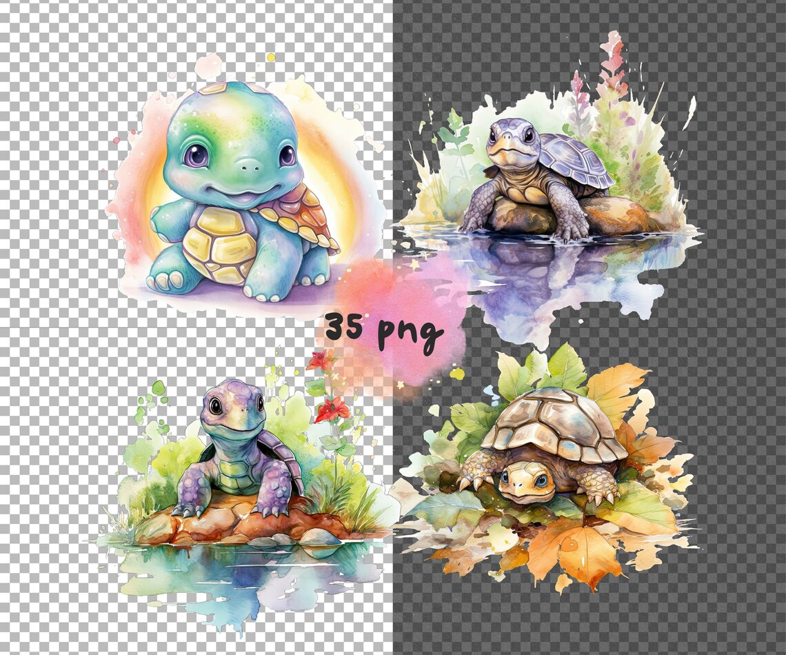 Chubby Turtles Watercolor Clipart Cute Kawaii Cartoon - Etsy