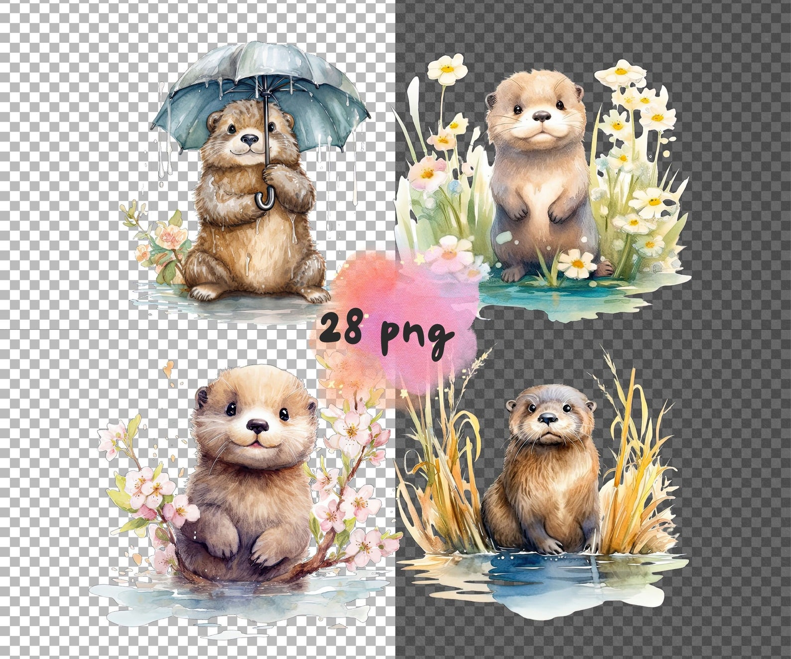 Chubby Otters Watercolor Clipart - Cute Kawaii Cartoon Otters, Baby ...