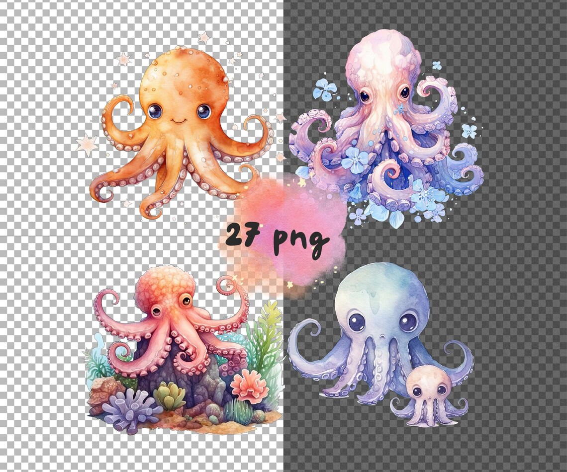 Chubby Octopuses Watercolor Clipart Cute Kawaii Cartoon - Etsy