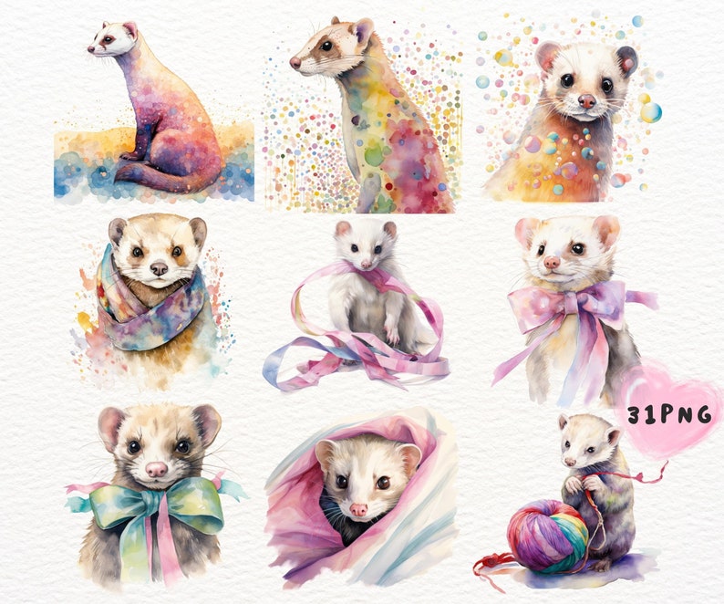 Watercolor Ferret Clipart - Cute Kawaii Ferrets,baby Ferret Pngs ...
