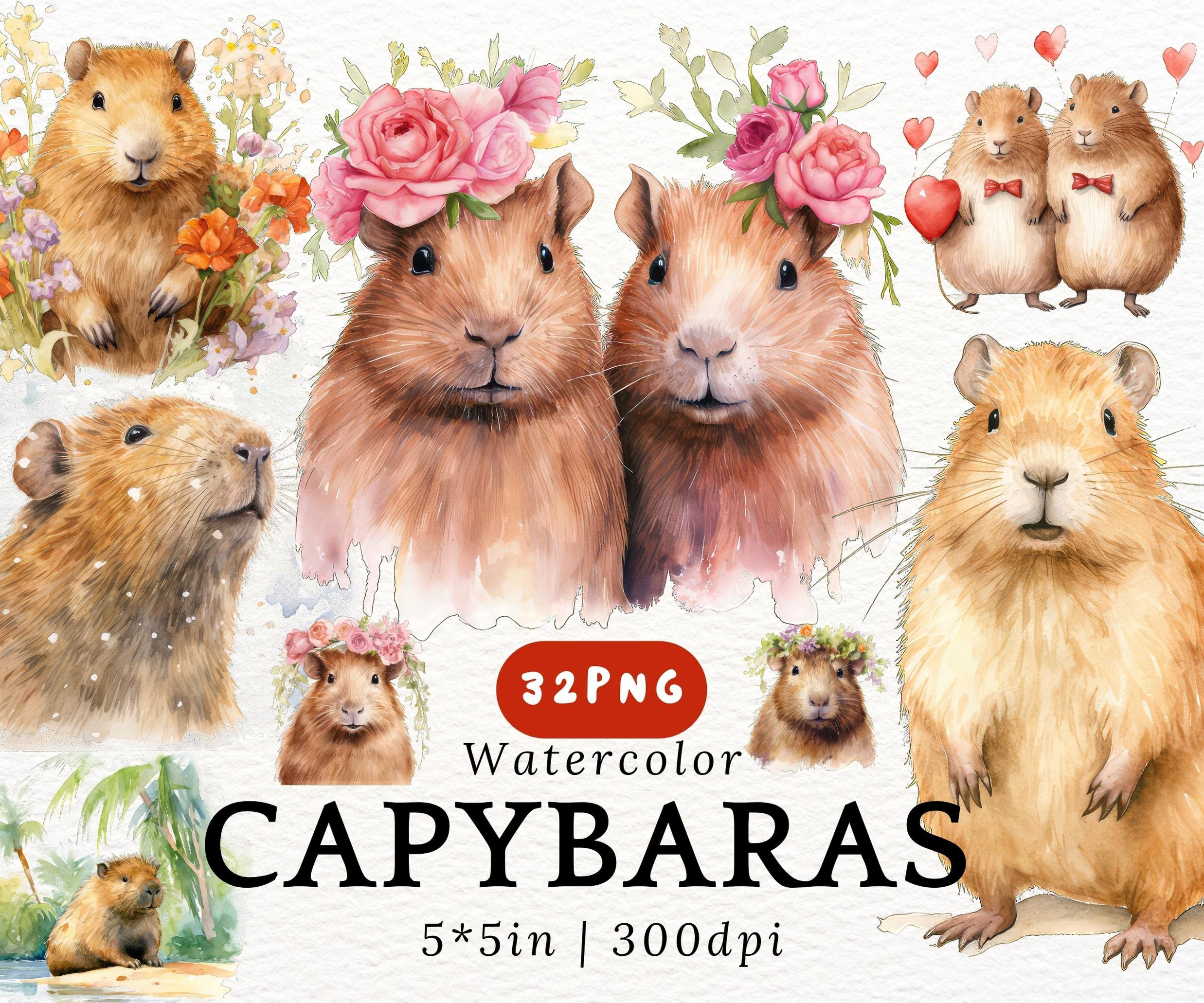 Chubby Capybaras Watercolor Clipart Cute Kawaii Cartoon Capybaras, Baby ...