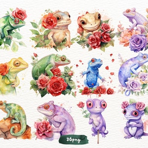 Watercolor Chameleon Clipart - Colorful Lizard Reptile PNG, Cute Floral ...