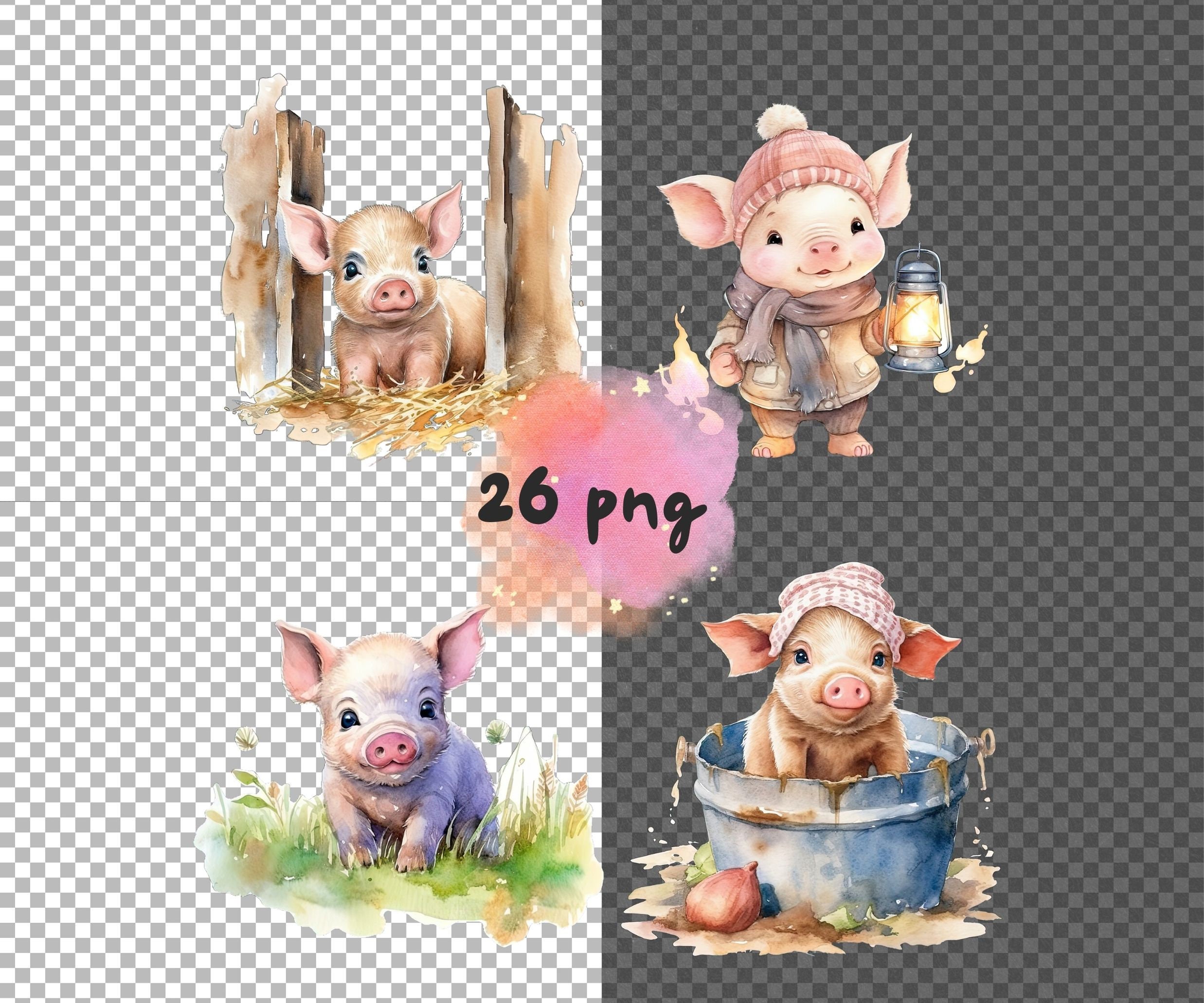 Chubby Piglets Watercolor Clipart Cute Kawaii Cartoon Piglets, Baby ...