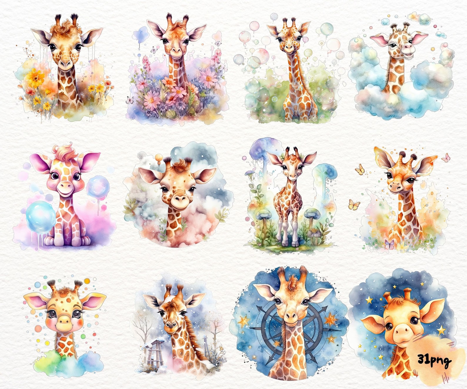 Chubby Giraffes Watercolor Clipart Cute Kawaii Cartoon Giraffes, Baby ...