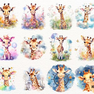 Chubby Giraffes Watercolor Clipart - Cute Kawaii Cartoon Giraffes, Baby ...