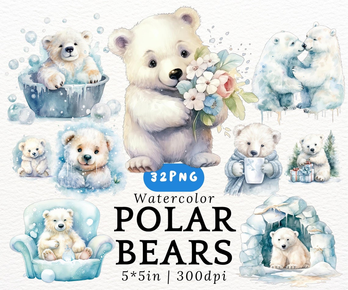 Chubby Polar Bear Watercolor Clipart Kawaii Cartoon Polar Bear Art ...