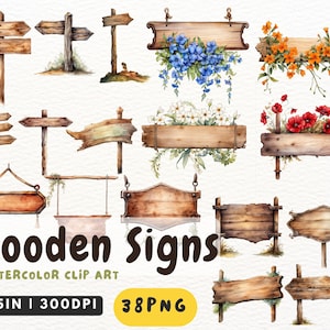 Watercolor Wooden Signs Clipart Vintage Village Rustic Road - Etsy