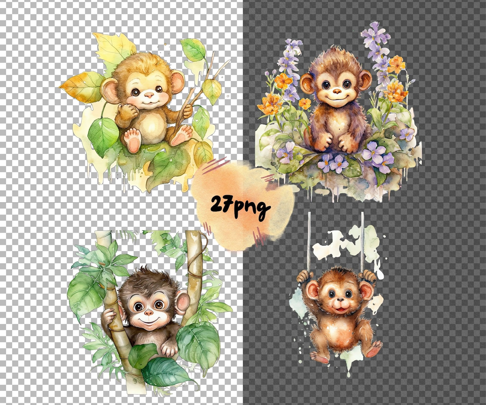 Chubby Monkeys Watercolor Clipart - Cute Kawaii Cartoon Monkeys, Baby ...