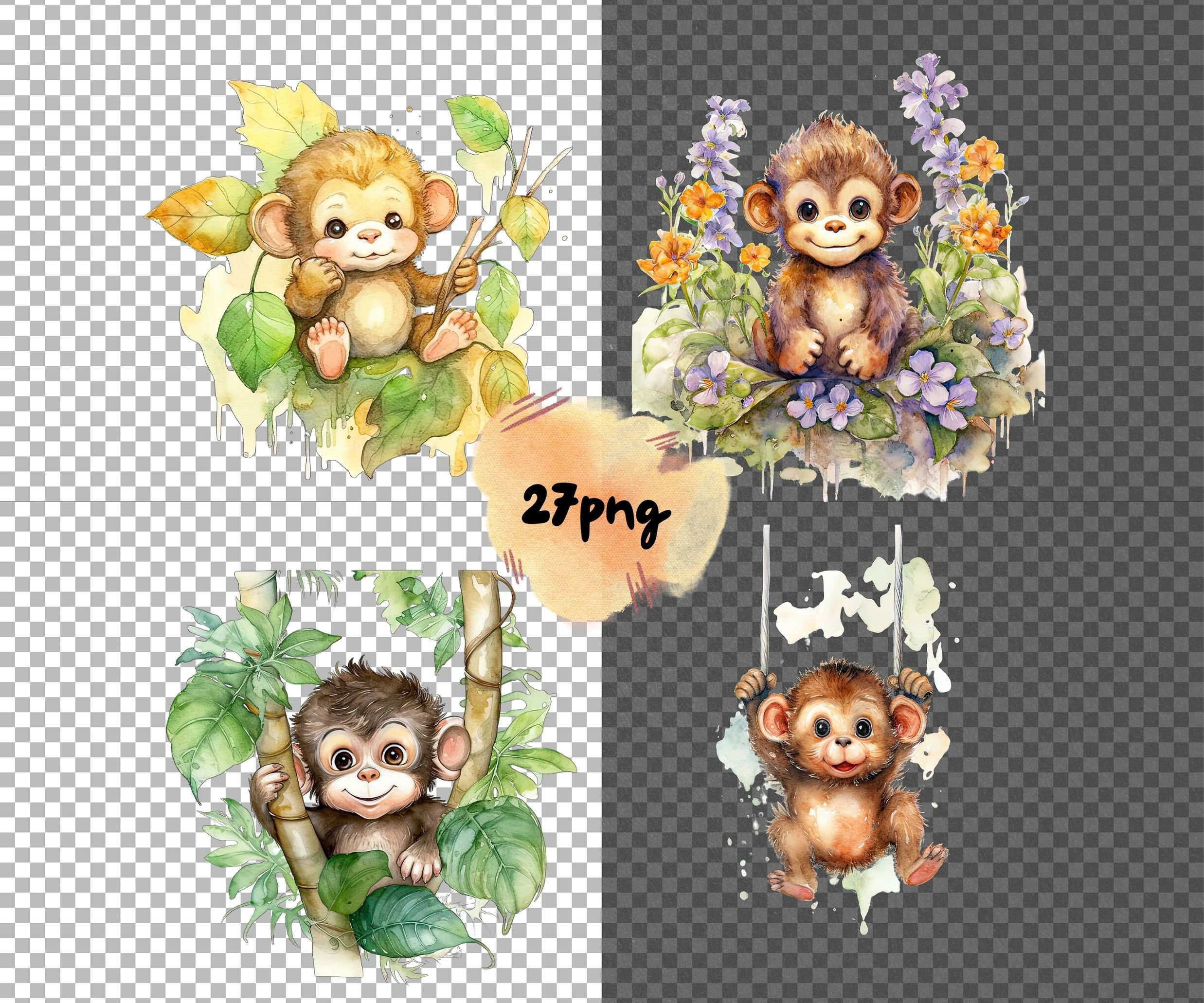 Chubby Monkeys Watercolor Clipart - Cute Kawaii Cartoon Monkeys, Baby ...