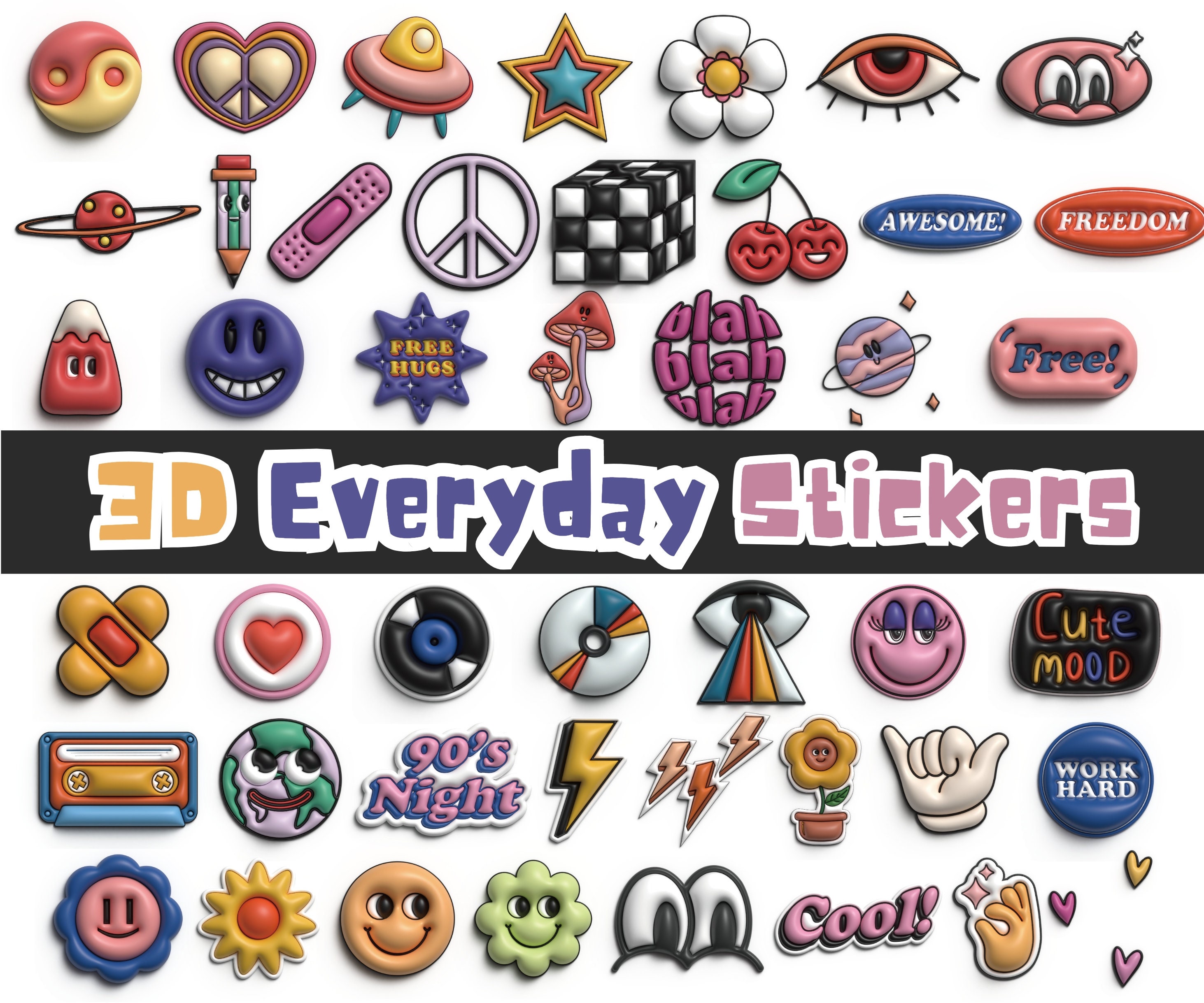 3D Digital Notebook Stickers Png, 45 Colorful and Cute Goodnotes ...