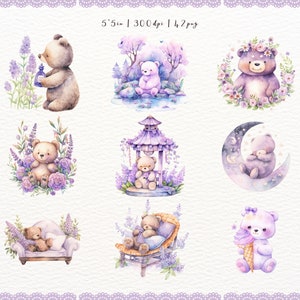 Purple Bear Clipart, Kawaii Cartoon Cuddly Bear, Watercolor Pastel Baby ...