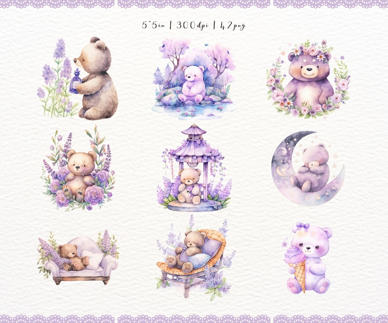 Purple Bear Clipart, Kawaii Cartoon Cuddly Bear, Watercolor Pastel Baby ...