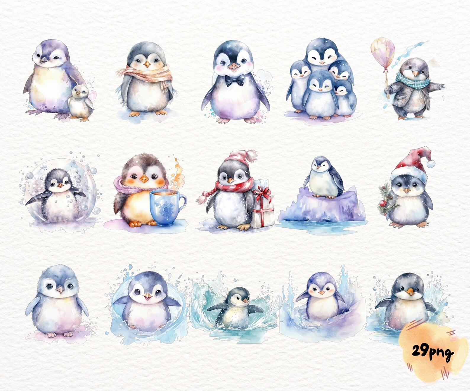 Chubby Penguins Watercolor Clipart Cute Kawaii Cartoon Penguins, Baby ...
