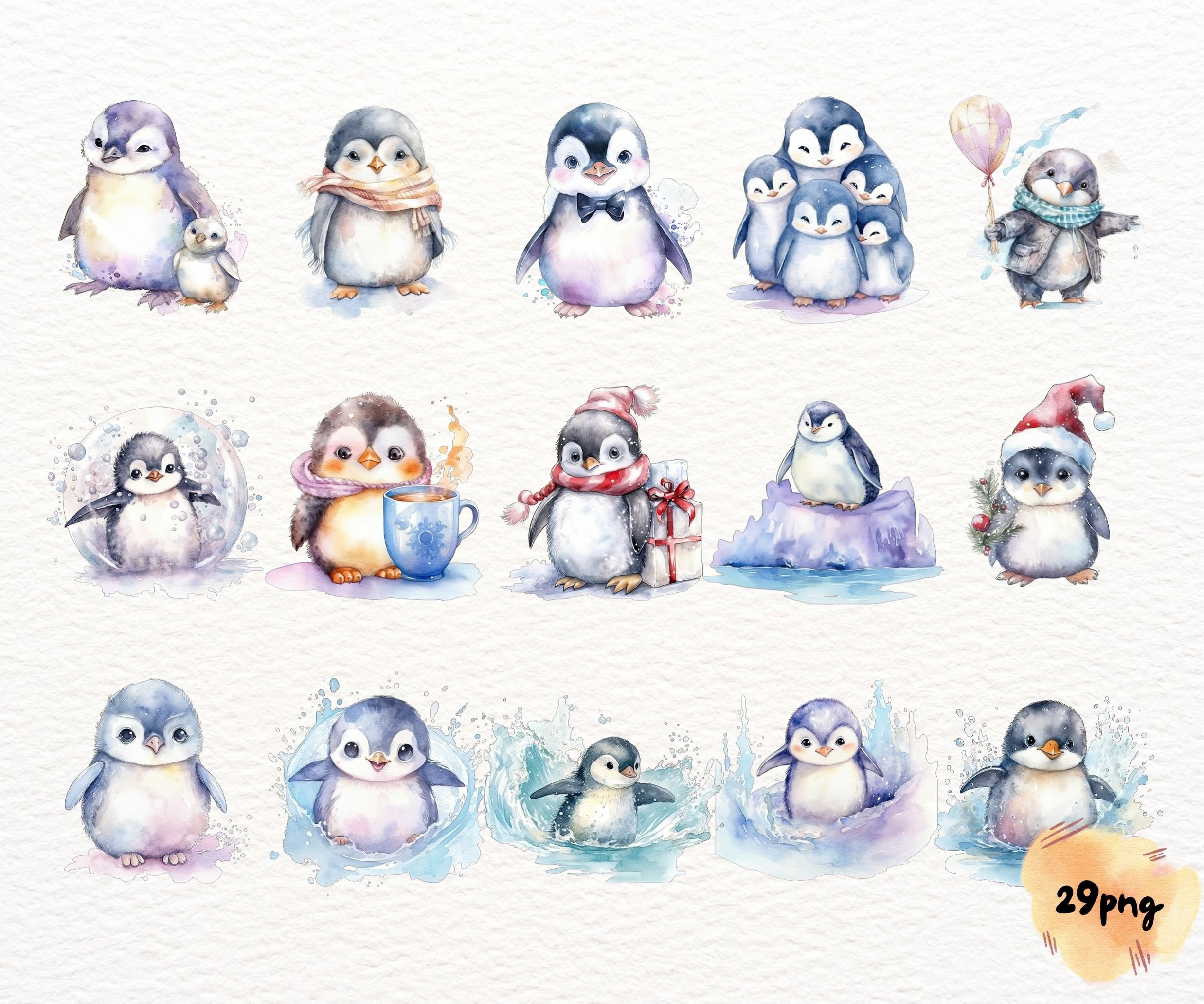 Chubby Penguins Watercolor Clipart Cute Kawaii Cartoon Penguins, Baby ...