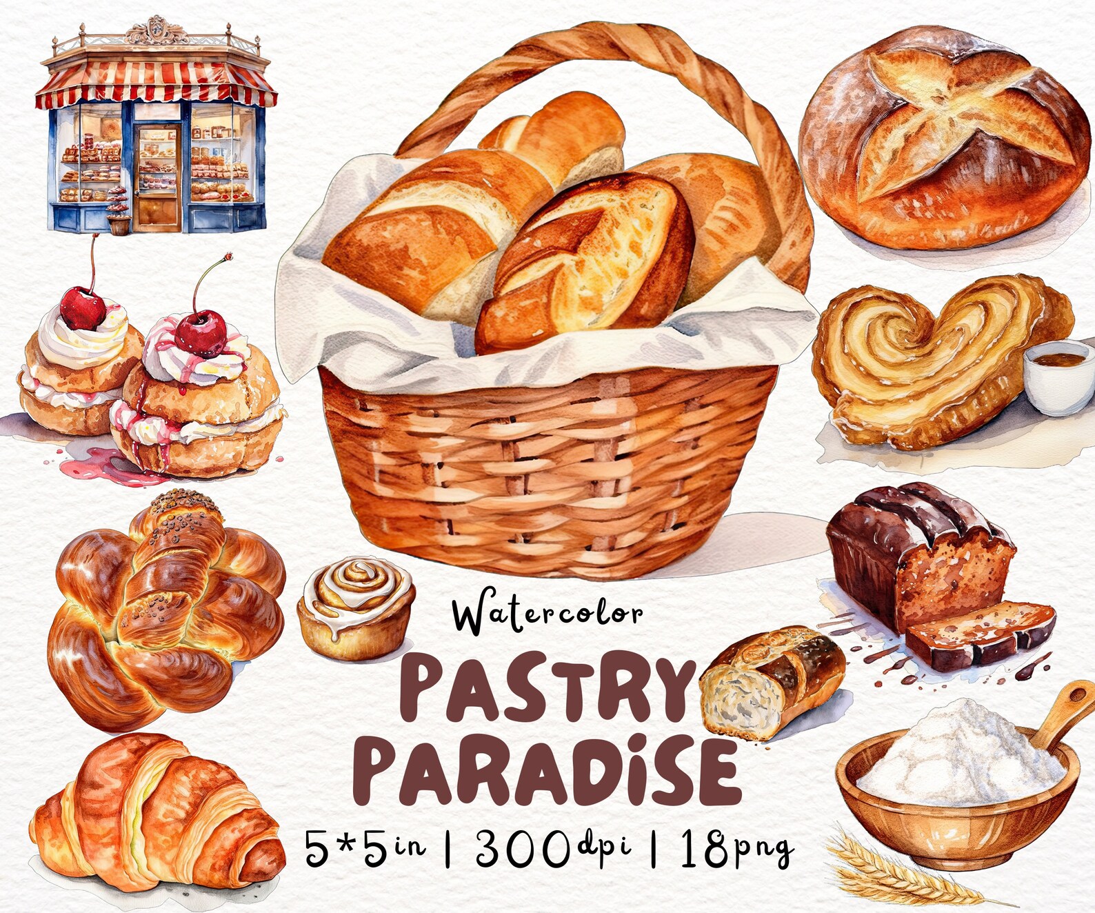 Bakery Food Clipart Collection Vintage Watercolor Pastry, Bread ...