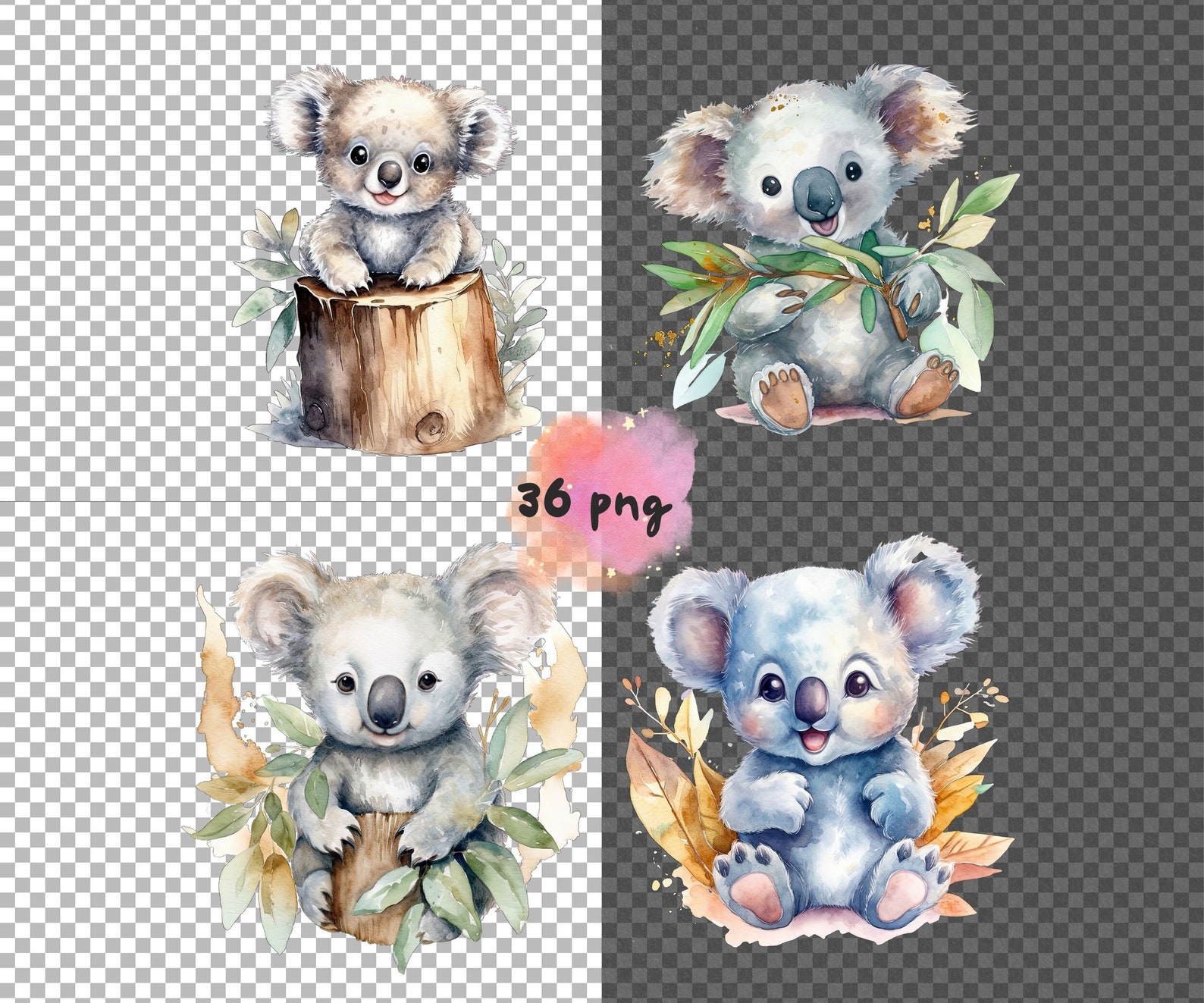 Chubby Koalas Watercolor Clipart Cute Kawaii Cartoon Koalas - Etsy