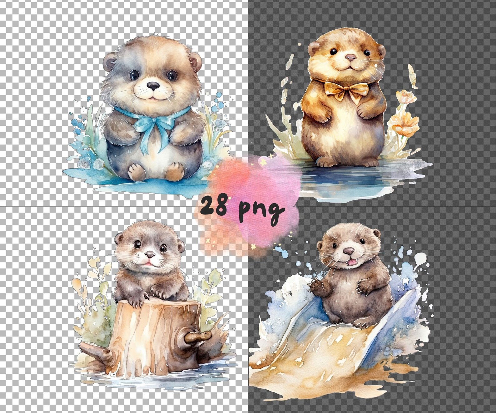 Chubby Otters Watercolor Clipart Cute Kawaii Cartoon Otters, Baby ...