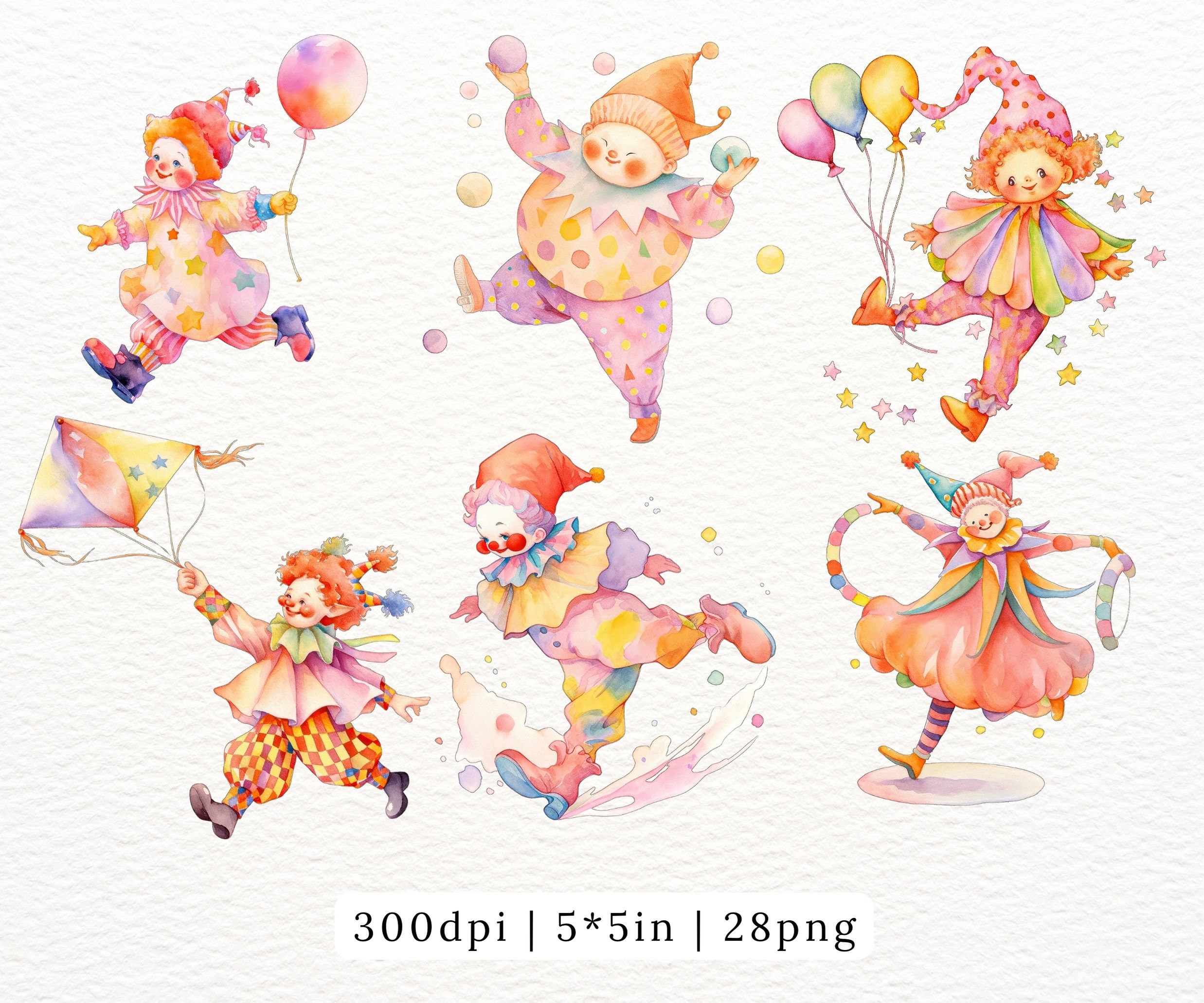 Watercolor Dancing Clown Clipart, Cute Cartoon Pastel Carnival Clown ...