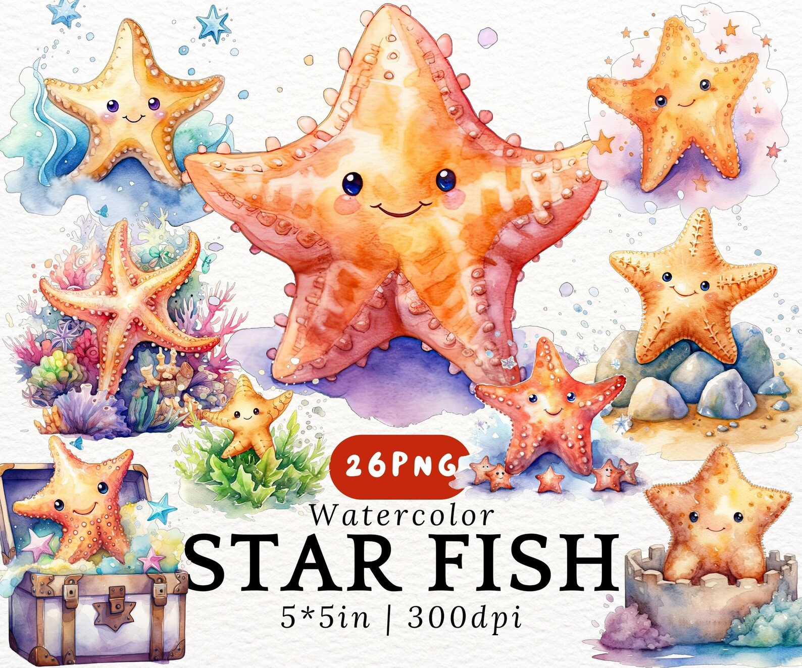 Chubby Star Fish Watercolor Clipart - Cute Kawaii Cartoon Sea Stars ...