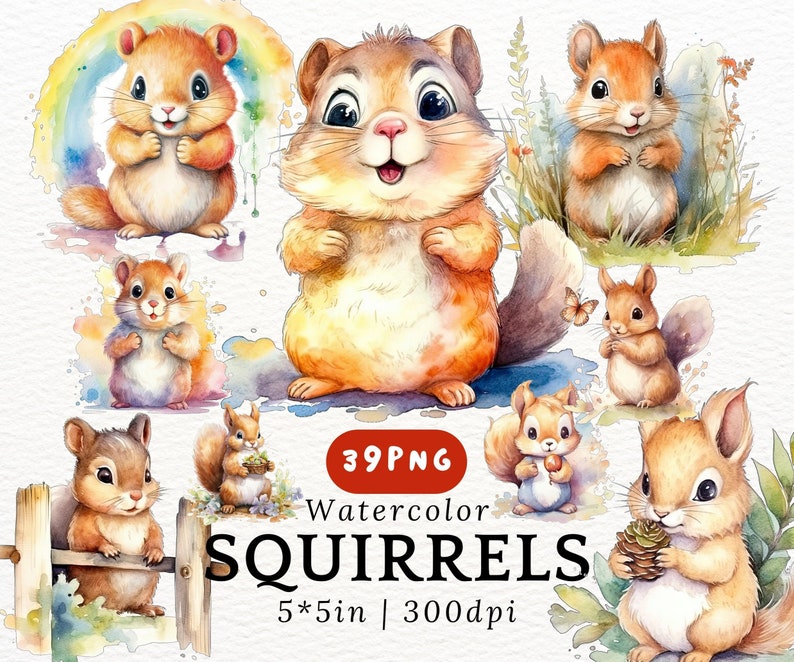 Chubby Squirrels Watercolor Clipart Cute Kawaii Cartoon Squirrels, Baby ...