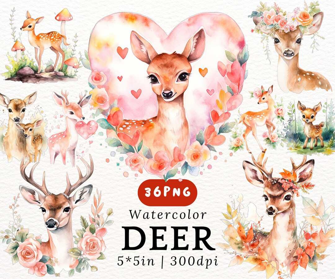 Watercolor Deer Clipart - Baby Fawn Pngs With Floral Wreath, Heart ...