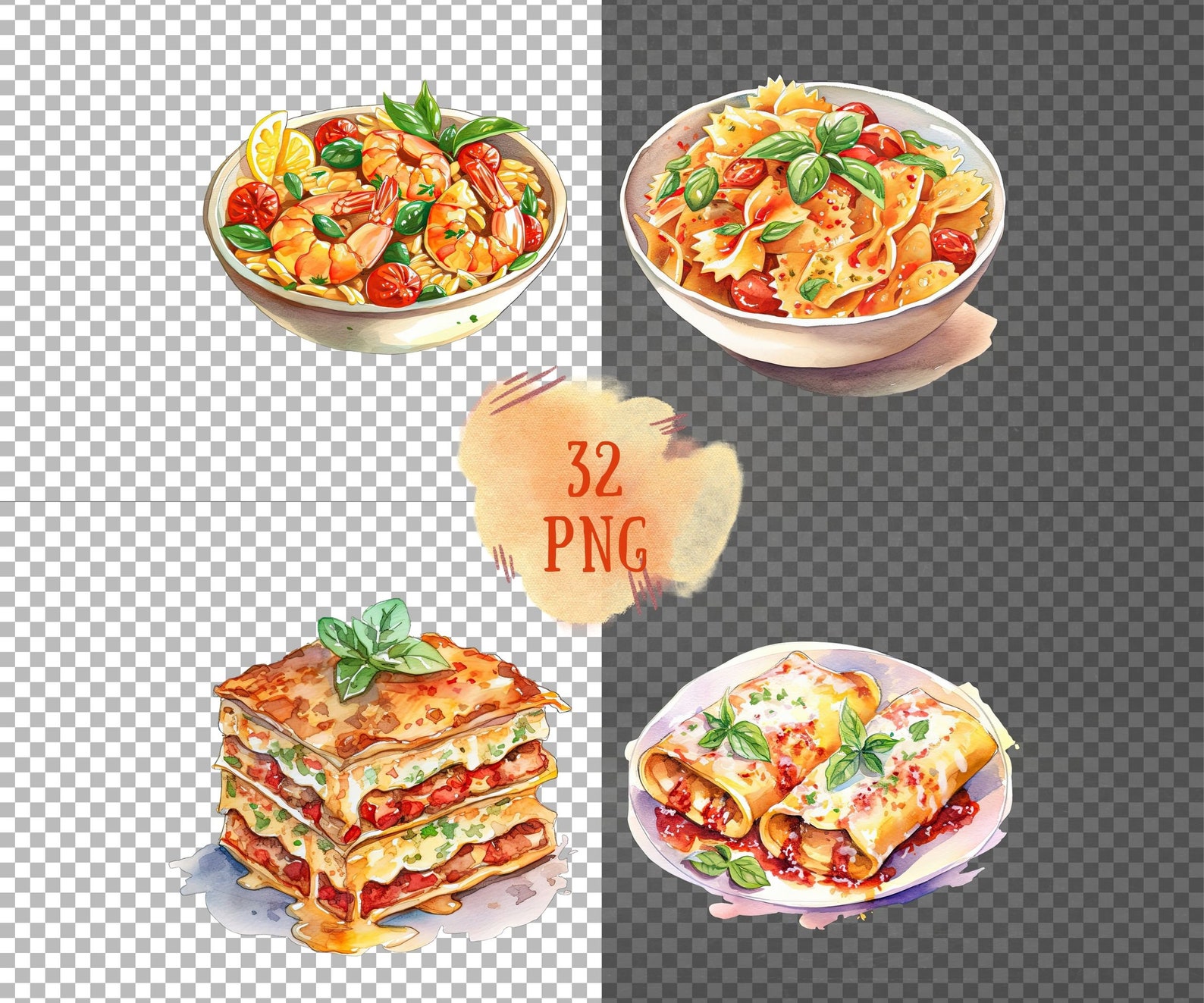 Pasta Watercolor Clipart, Pasta Machine, Ravioli, Penne Rigate, Fusilli ...
