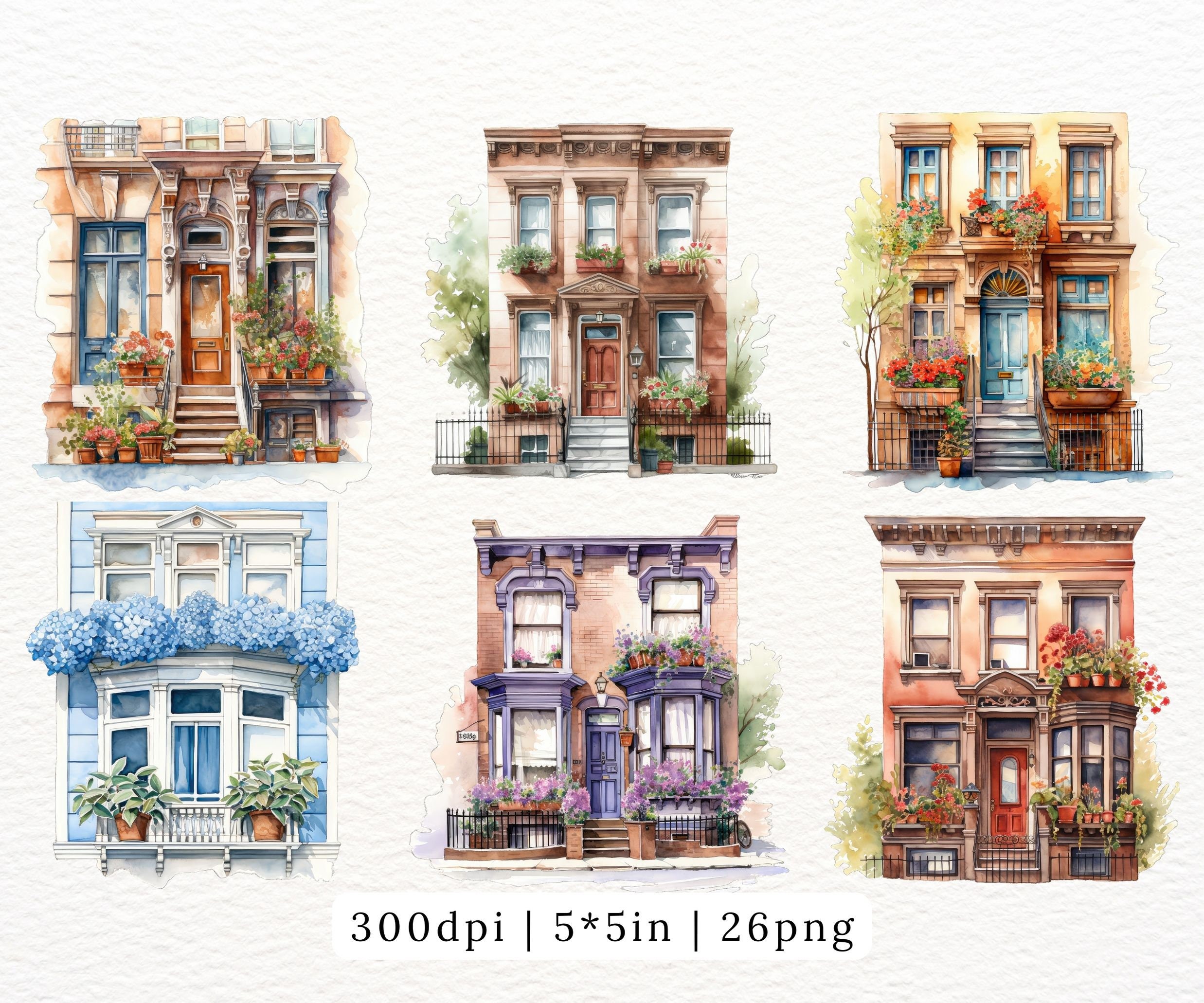 Watercolor Townhouse Clipart, Flowers and Plants, Cute Cozy Classic ...