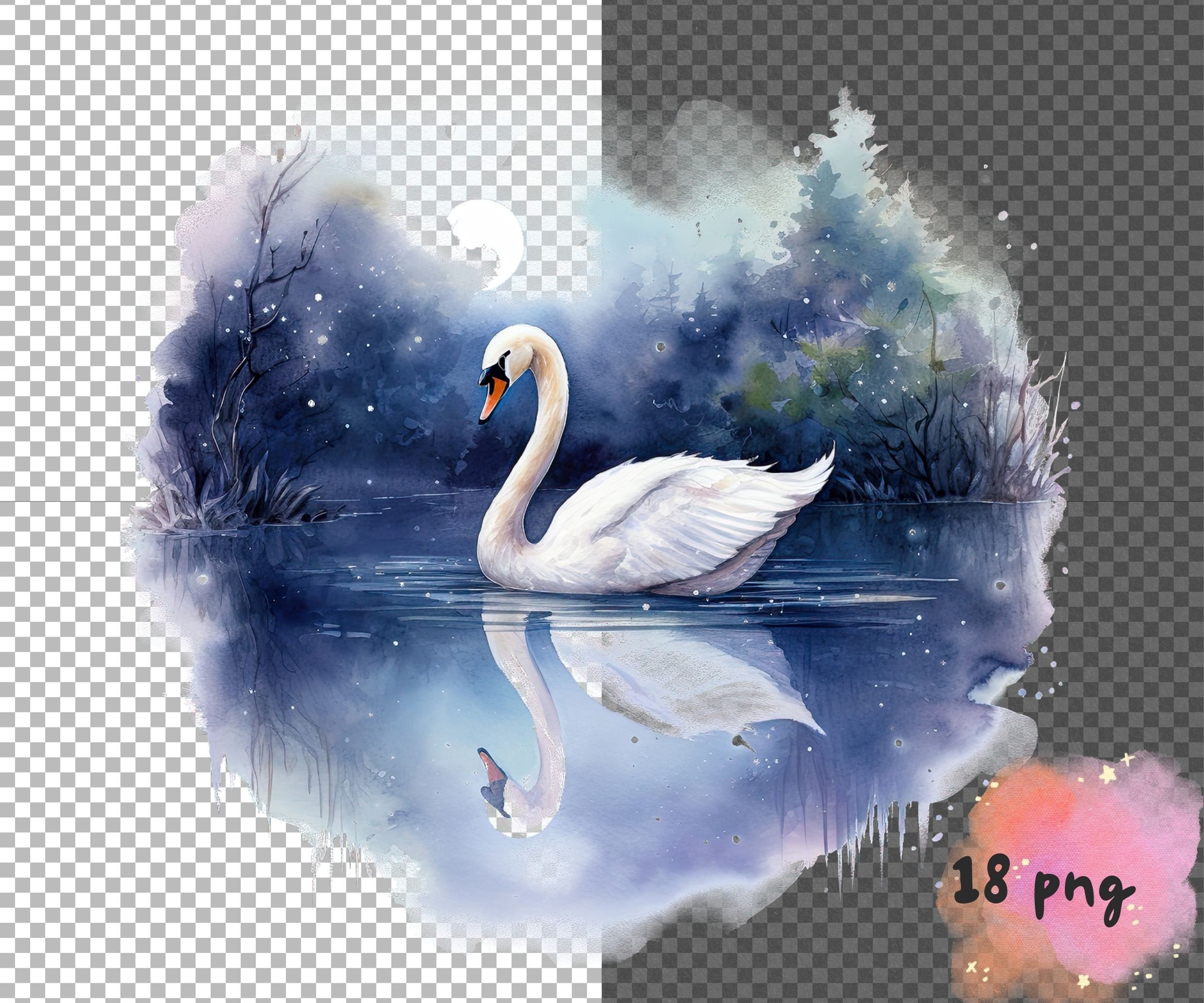 Swans Watercolor Clipart, Cute Elegant Cartoon Black Swans With Flowers ...