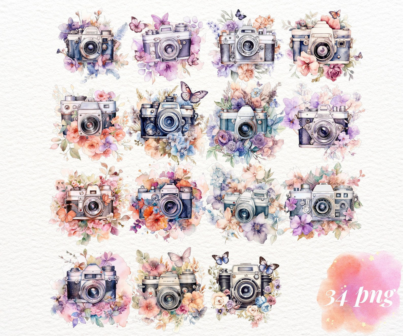 Watercolor Camera Clipart Set of 34 Pngsvintage Cameras - Etsy