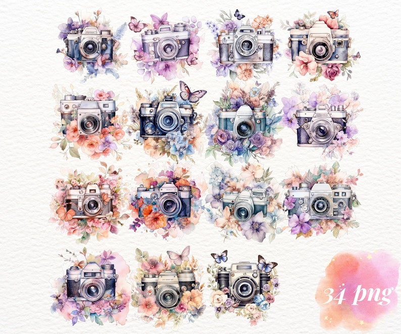 Watercolor Camera Clipart Set of 34 Pngsvintage Cameras - Etsy