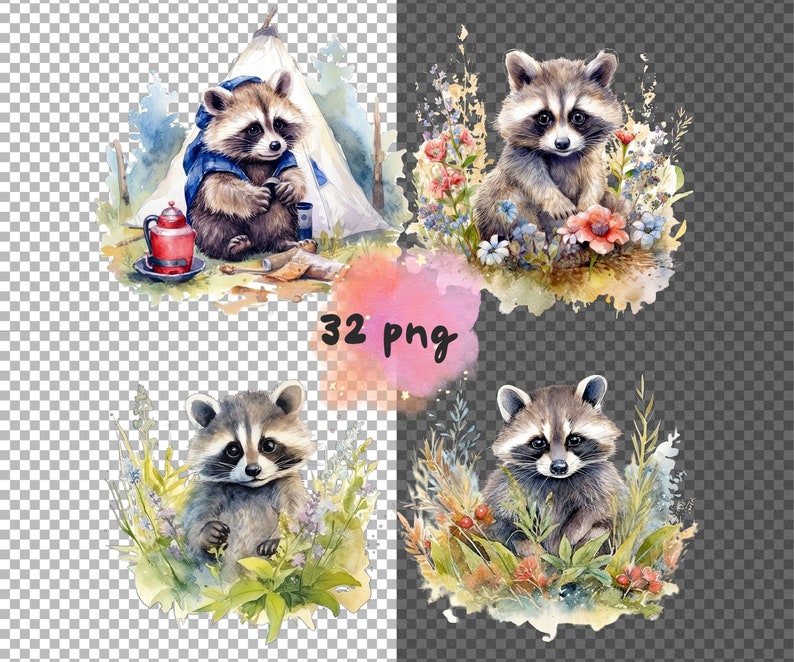 Chubby Raccoon Watercolor Clipart Cute Kawaii Cartoon Raccoons, Baby ...
