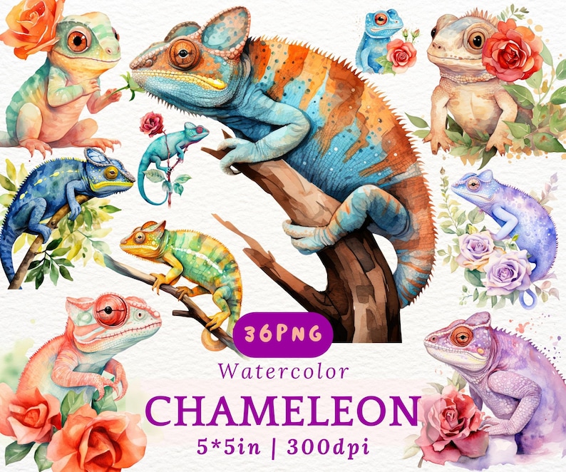 Watercolor Chameleon Clipart - Colorful Lizard Reptile PNG, Cute Floral ...