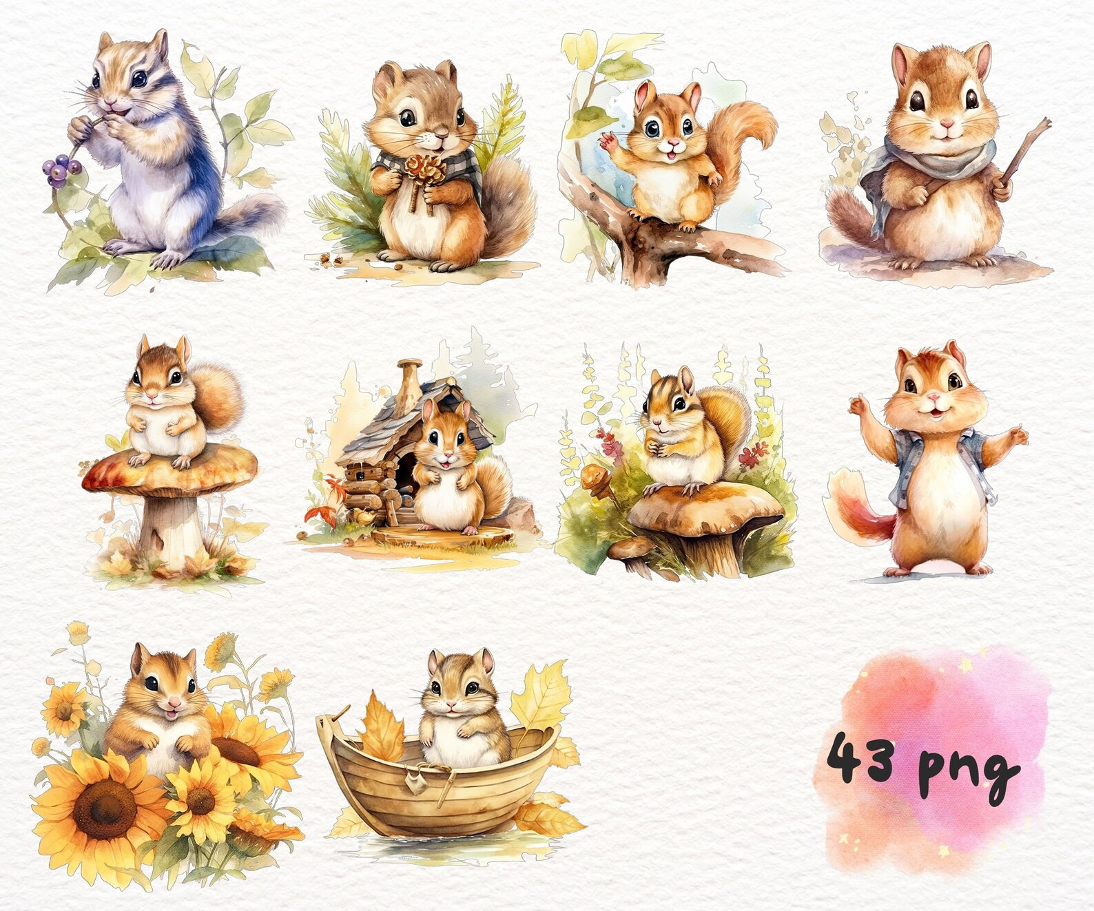 Chubby Chipmunk Watercolor Clipart Cute Kawaii Cartoon Chipmunks, Baby ...