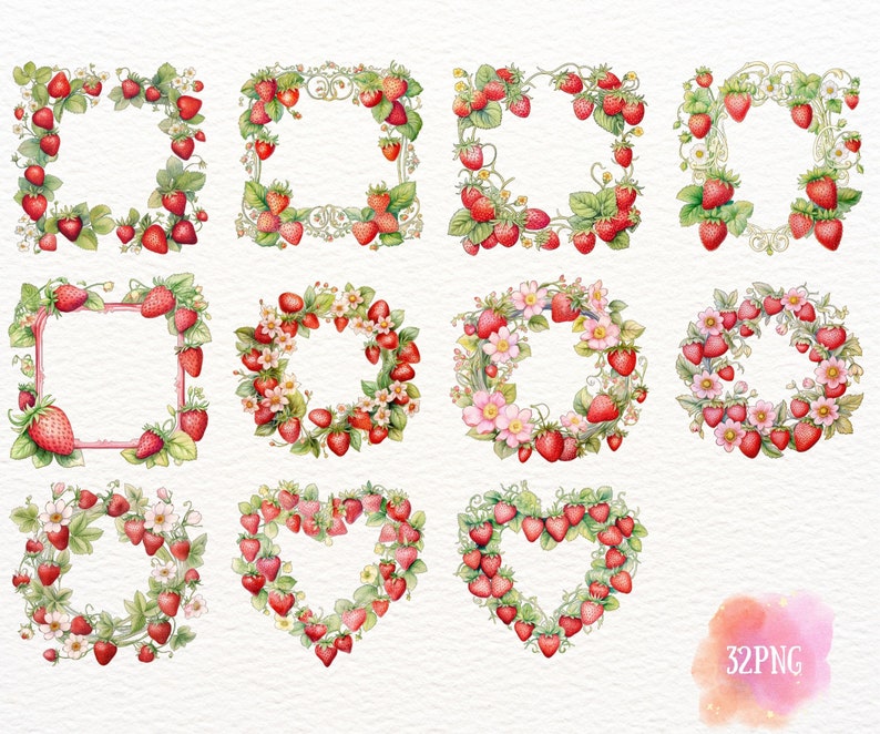 Strawberry Watercolor Clipart, Decorative Frame, Line, Leaf, Fruit ...