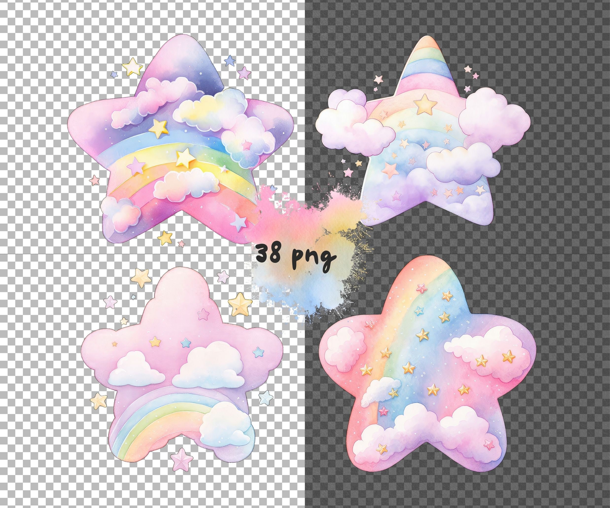 Pastel Rainbow Hot Air Balloon Clipart Cloud Star PNG Watercolor ...