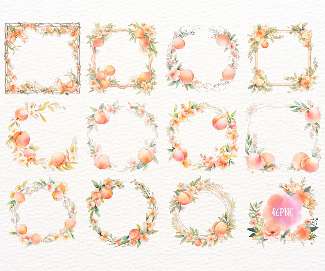 Peach Watercolor Clipart Decorative Frame Line Leaf Fruit - Etsy