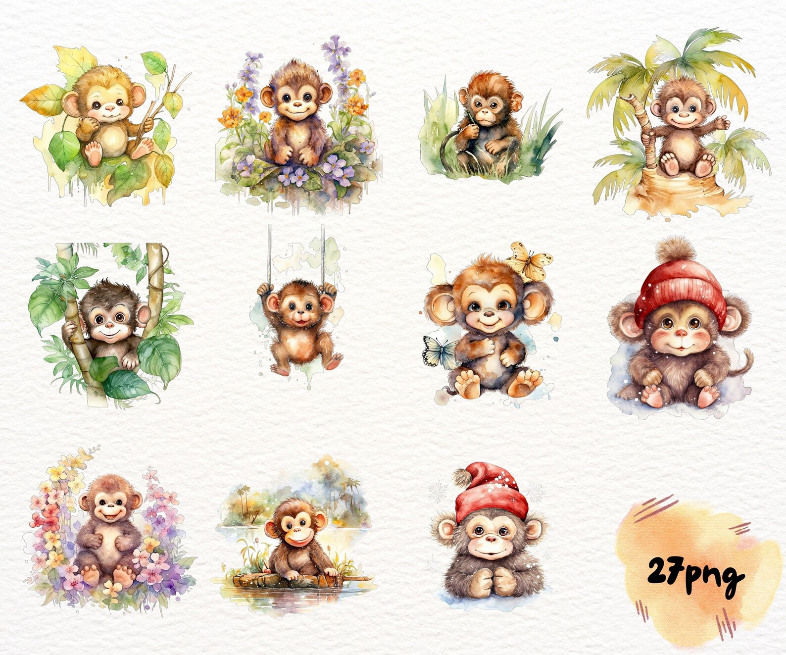 Chubby Monkeys Watercolor Clipart Cute Kawaii Cartoon Monkeys, Baby ...