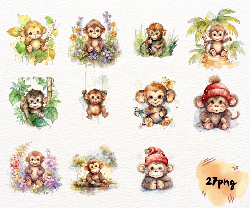 Chubby Monkeys Watercolor Clipart - Cute Kawaii Cartoon Monkeys, Baby ...