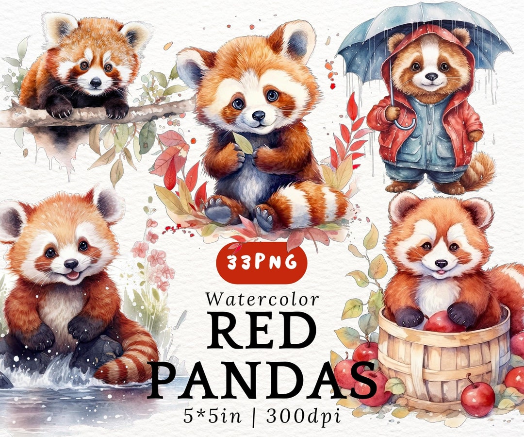 Chubby Red Pandas Watercolor Clipart - Cute Kawaii Cartoon Red Pandas ...