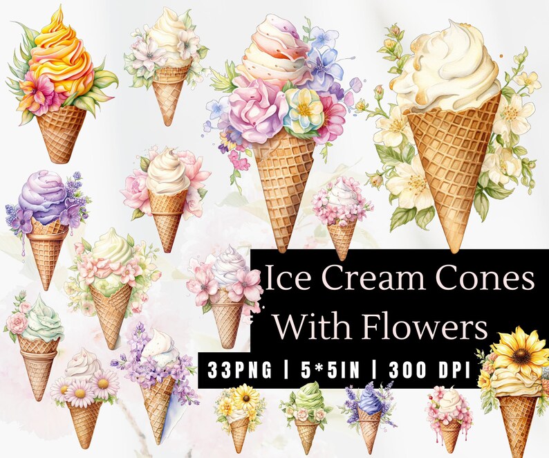 Watercolor Ice Cream Cone Clipart Ice Cream With - Etsy