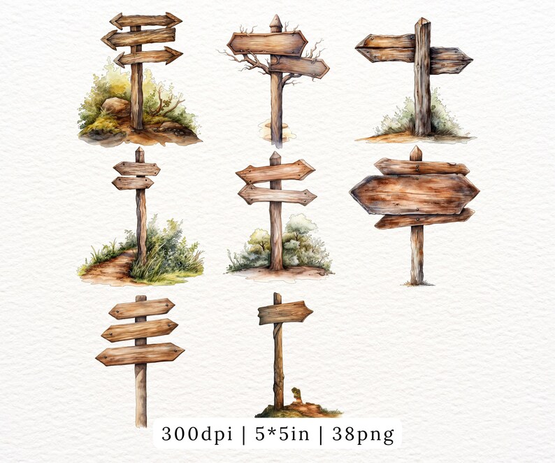 Watercolor Wooden Signs Clipart, Vintage Village Rustic Road and Door ...